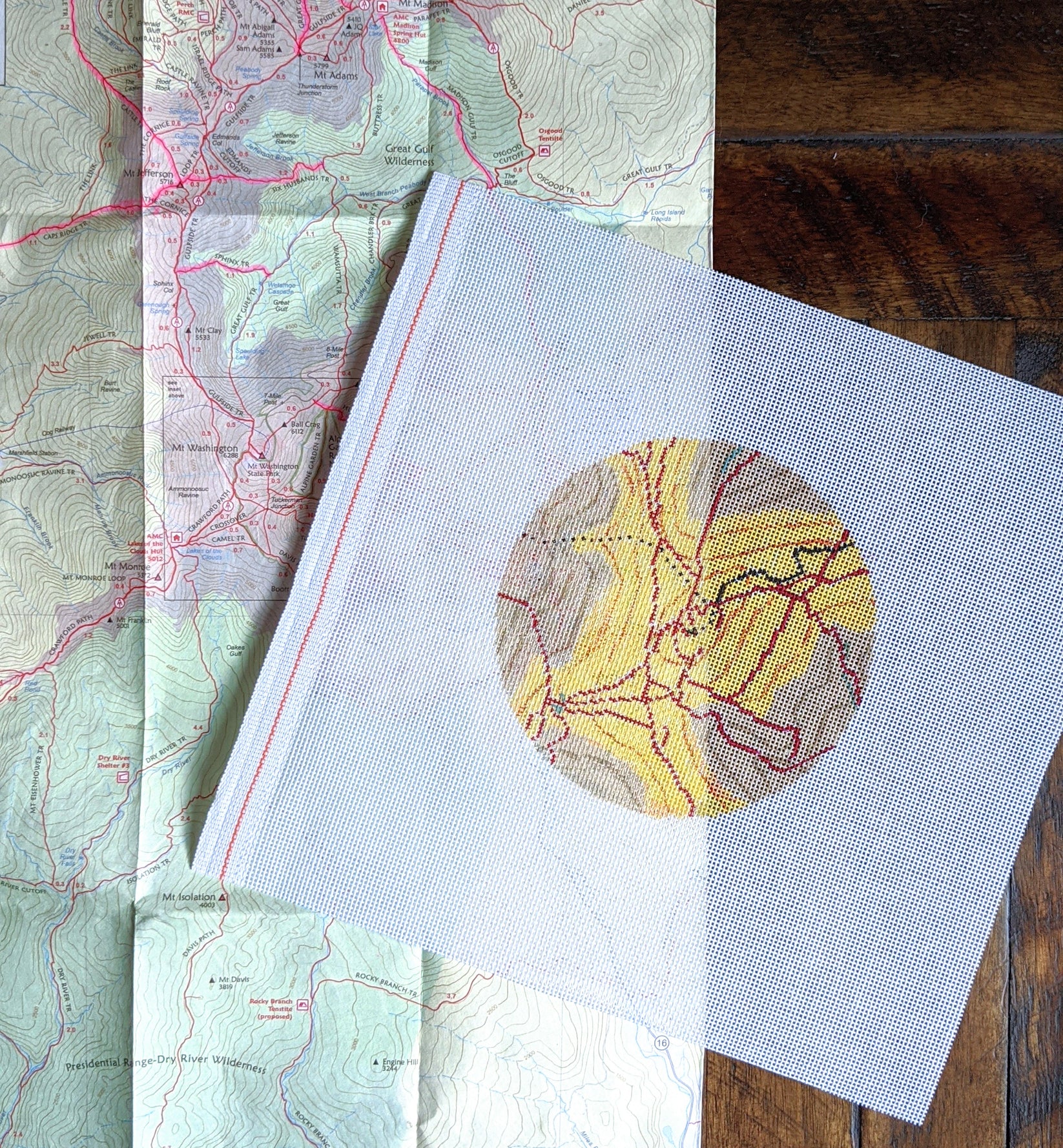 Custom Topographic Map Round Needlepoint Canvas – Fire And Iris Designs